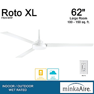 Minka Aire F624-WHF Roto XL 62" 3-Blades Ceiling Fan in Flat White Finish with Flat White Blades
