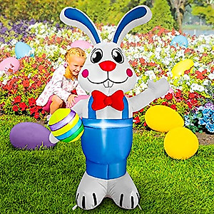 BRDJade 6FT Easter Inflatables Outdoor Decorations, Easter Bunny Holding Egg with LED Lights Easter Blow Up Yard Decorations Indoor Outdoor Holiday Party, Garden, Lawn Decor