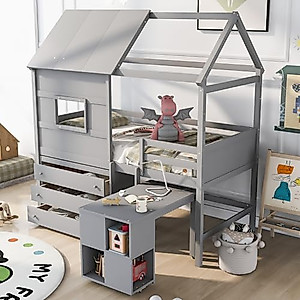 Twin Size House Loft Bed with Storage Desk and 3 Drawer Chest, Wood Loft Bed with Safety Guard Rails, Multi-Functional Loft Bed for Kids Boys Girls Teens Bedroom, Maximize Space Savings (Gray 014)