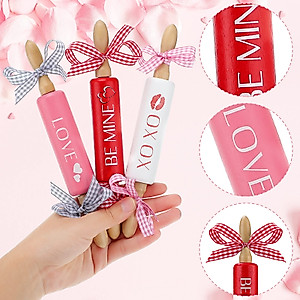 CHENGU Valentines Tiered Tray Decor 3 Pieces Valentine's Day Rolling Pin Decor Farmhouse Handmade Decor Tiered Tray Decoration Wood Rolling Pin Farmhouse Valentine's Day Decor (Romantic Style)