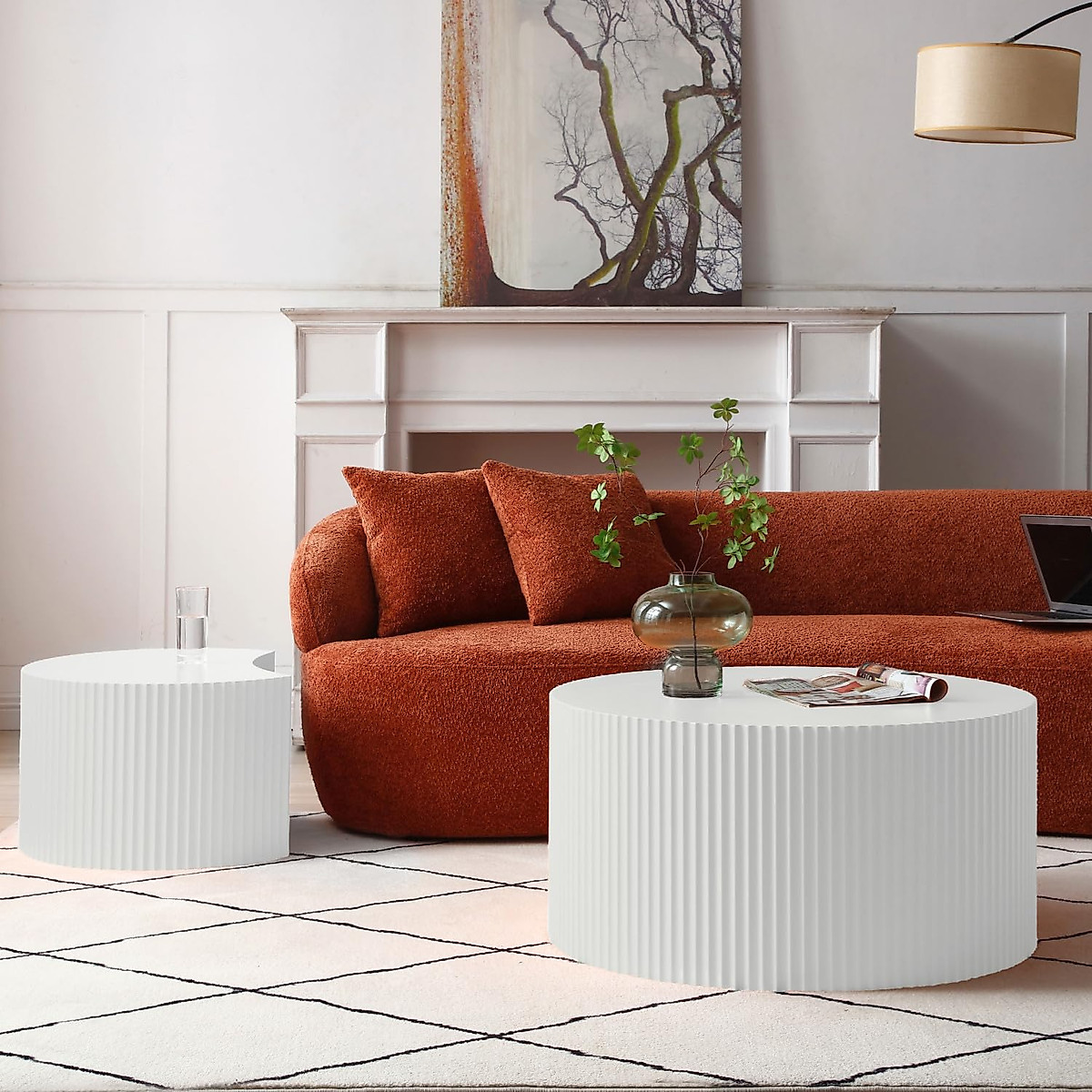 31.5 inch Round Coffee Table for Living Room, Set of 2 Large Circle Coffee Table, Handcraft Solid Wood Center Drum Nesting Table, Modern Farmhouse Style for Bedroom, Balcony, Office, Matte White