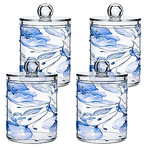 Kigai Blue Flowers Qtip Holder - 14OZ Clear Plastic Apothecary Jars Bathroom Canister Dispenser Organizer Vanity Storage Jar with Lid for Cotton Ball, Cotton Swab, Floss (2PACK)