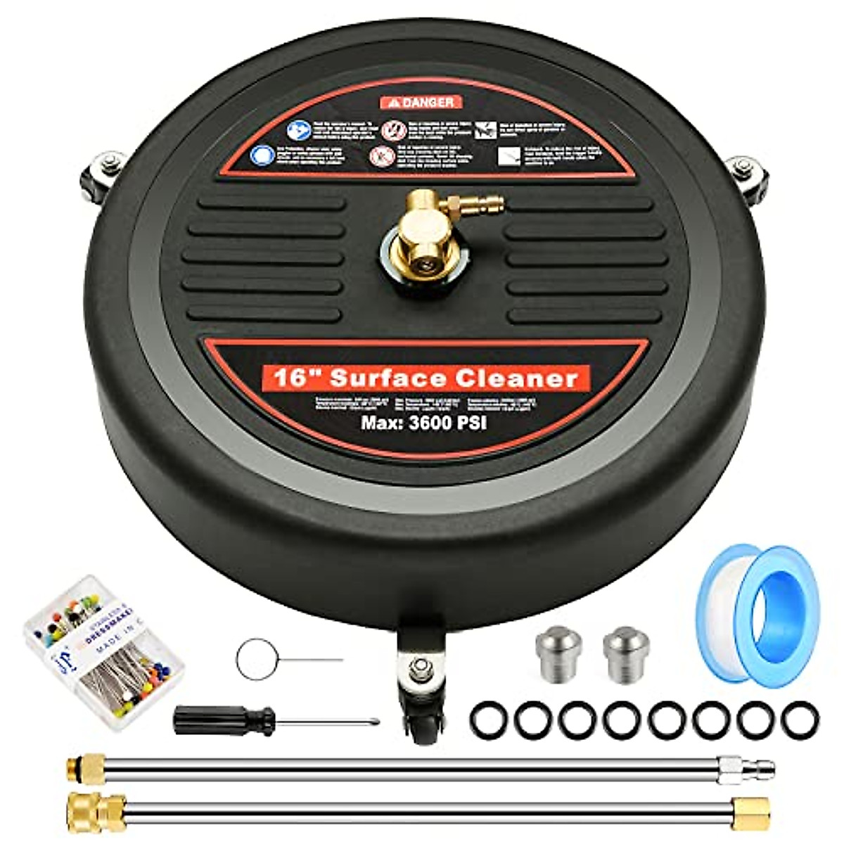 Pressure Washer Surface Cleaner, TAOZIM 16" Power Washer Surface Cleaner for Pressure Washer w/ 3 Wheels 1/4" Quick Connector 2 Extension Wands 2 Replace Nozzle Pressure Washer Attachments, 3600 PSI