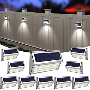 ROSHWEY Solar Outdoor Lights, 10 Pack 30 LED Fence Lights Waterproof Solar Powered Deck Post Lamps Stainless Steel Outside Step Lighting for Backyard Yard Walkway Stairs, Cool White Light