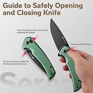 SENCUT Button Lock Pocket Knife for EDC, Serene Folding Knife, Thumb Stud & Flipper Opener, Aluminum Handle with 3.48" D2 Black Blade for Outdoor, Camping, Hunting S21022B-5 (Green)