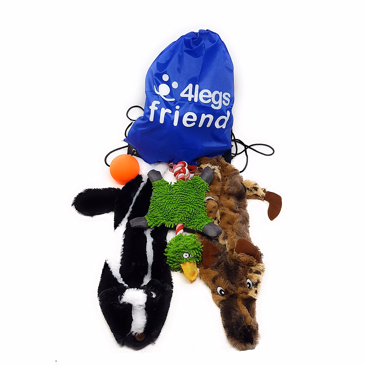 Large Dog Toys Set of 3 Plush Stuffingless Animals 24 Inches - Skunk/Wolf Squeaky Toys - Duck Squeaky w/ Crinkle Body and Rope for Tug. Rubber Ball for Aggressive Chewers Medium/Large Dogs + Carry Bag