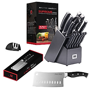 Master Maison Gray Kitchen Knife Set With Knife Block & Bonus Cleaver | German Stainless Steel Knives With Knife Sharpener & 6 Steak Knives | Professional Butcher Block Knife Sets For Kitchen