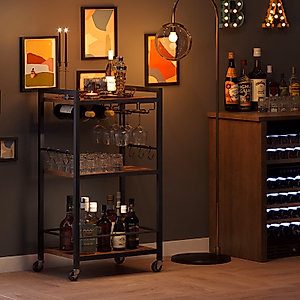 TUTOTAK Bar Cart, Home Bar Serving Cart, Microwave Cart, Drink Cart, Mobile Kitchen Shelf with Wine Rack and Glass Holder, Rolling Beverage Cart for Living Room, Kitchen, Brown BC01BB032