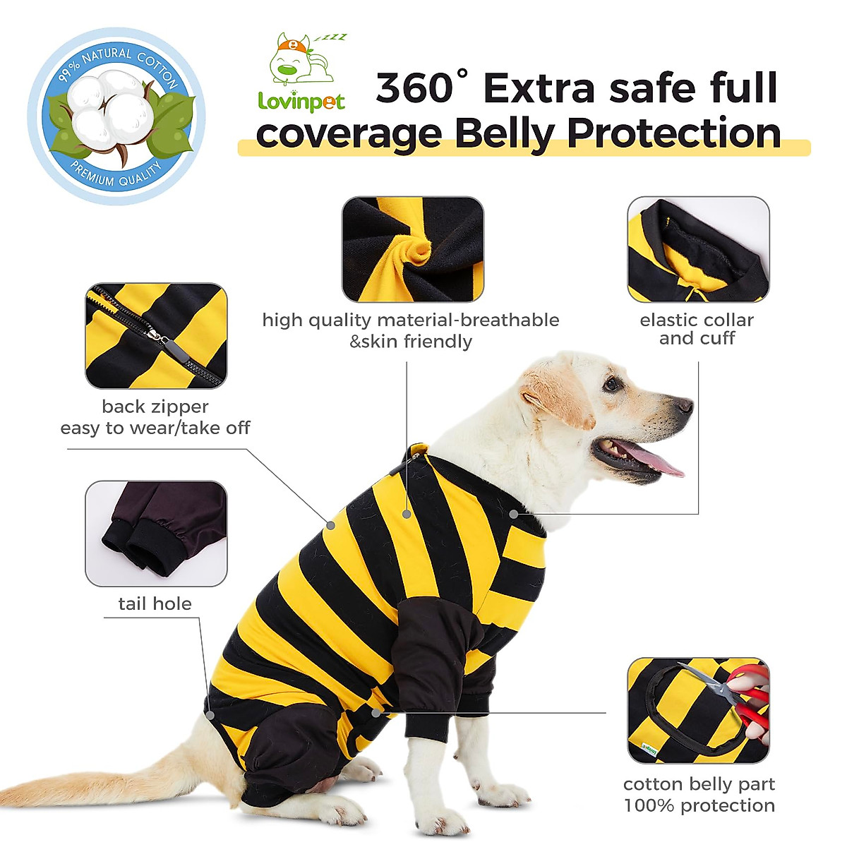 LovinPet Pitbull Recovery Shirt - Bodysuit Onesie for Shedding Skin Disease Pet Pajamas Dog Anti Licking Snugly Suit Dog Bodysuit for Abdominal Wound After Surgery,Yellow/Black Design,XL