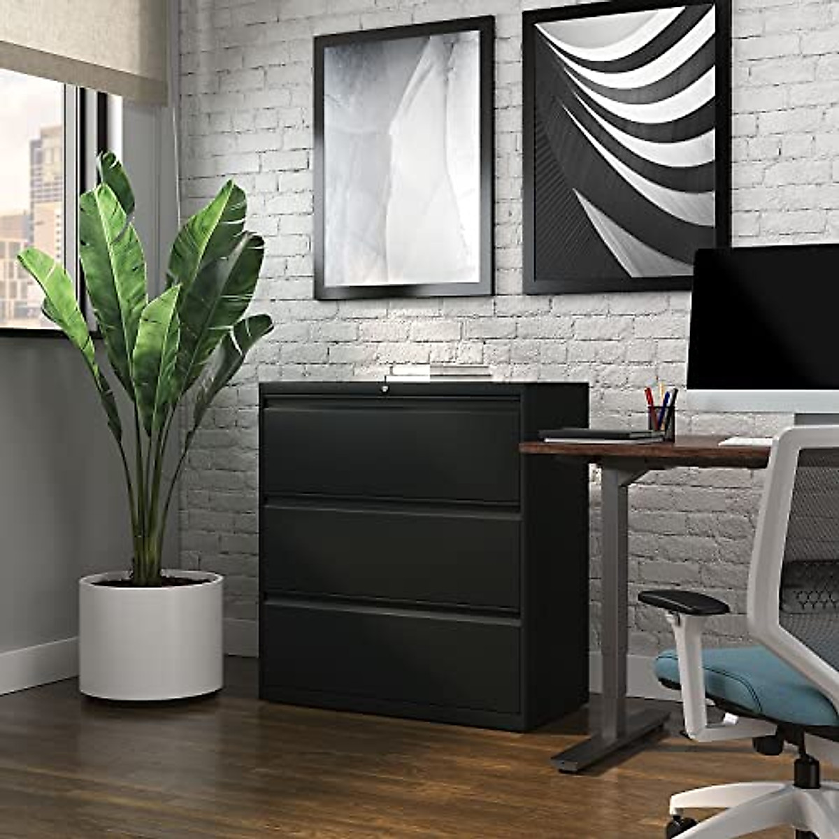 Staples 935600 3-Drawer Lateral File Cabinet Locking Letter/Legal Black 36-Inch W