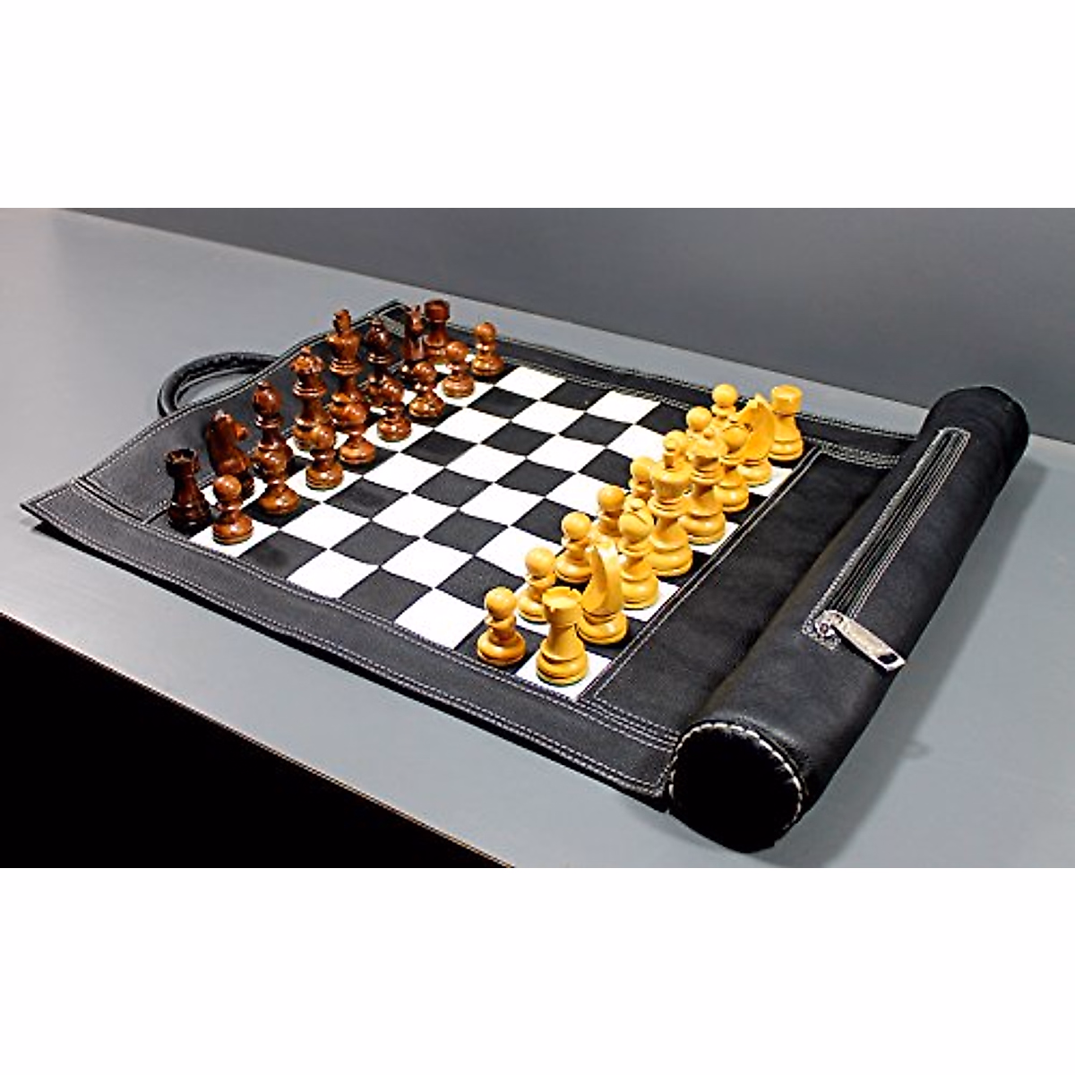StonKraft - 19" x 15" (Playing Area 12" x 12") Genuine Roll-Up Leather Chess Set - with Wooden Chess Pieces - Black Colour | Comes with Innovative Carry Pouch