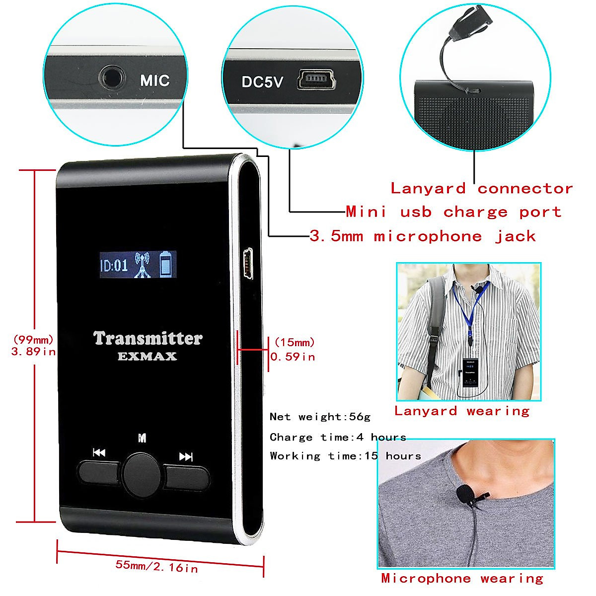 EXMAX EX-100 Wireless Tour Guide Interpreter Transmitter Microphone System for Churches Church Translation Simultaneous Interpreting Teaching Silent Conference City Travel(1 Transmitter 20 Receivers)