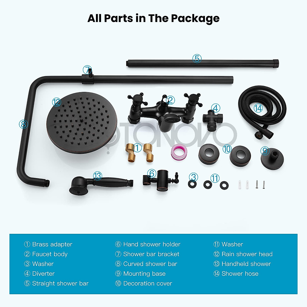 Wall Mounted Oil Rubbed Bronze Bathroom Rainfall Shower Faucet System Set Mixer 8-Inch Round Head with Matte Black Victorian Widespread Deck Mounted Three Holes Double Handles