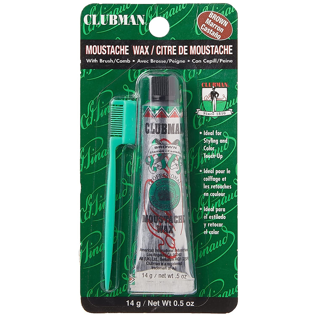 Clubman Pinaud Moustache Wax with Comb Applicator, For Styling & Color Enhancement, Brown, 0.5 Oz (Pack of 3)