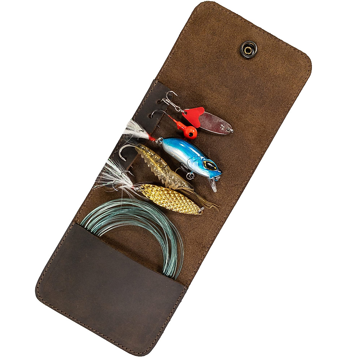 Hide & Drink, Fishing Lure Wallet for Hooks, Squid Jig Organizer - Handmade from Full Grain Leather - Bourbon Brown