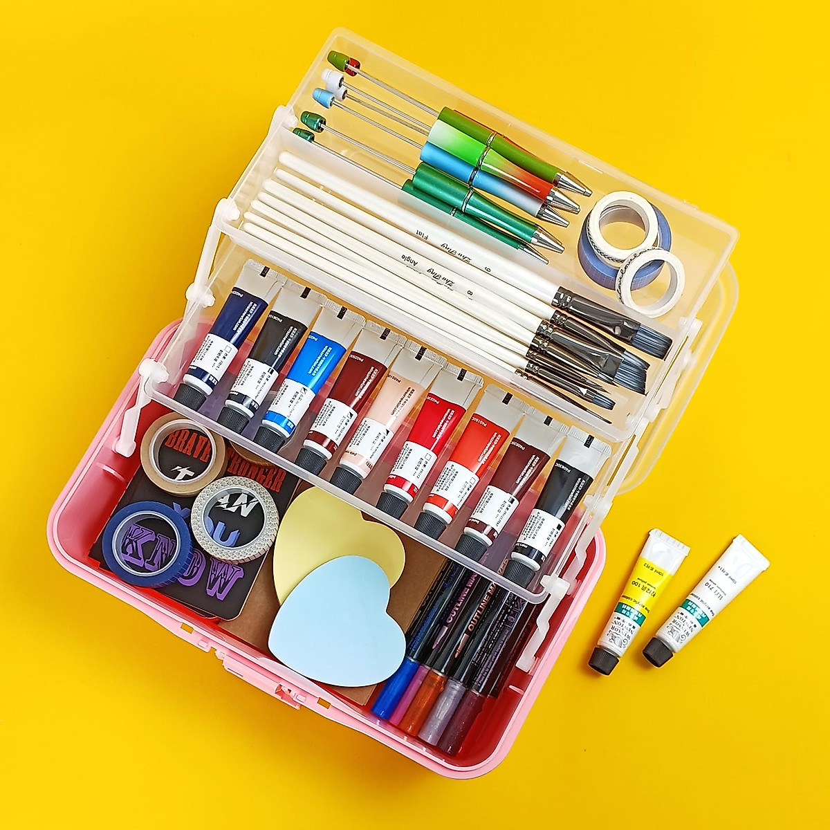 Tackle Box Organizers and Storage,10inch Craft Organizers and Storage,Three-Layer Sewing Box With 2 Trays,Medicine Storage Box With Handle For Nail、Makeup、Diamond Painting、Building Blocks (PINK)