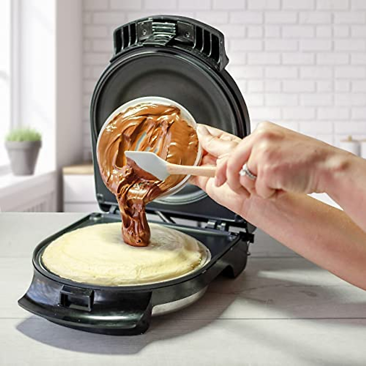 Stuffed Pancake Maker- Make a GIANT Stuffed Waffle or Pan Cake in Minutes- Add Fillings for Delicious Breakfast or Dessert Treat, Electric, Nonstick w Silicone Batter Funnel - Fun Holiday Kitchen Gift
