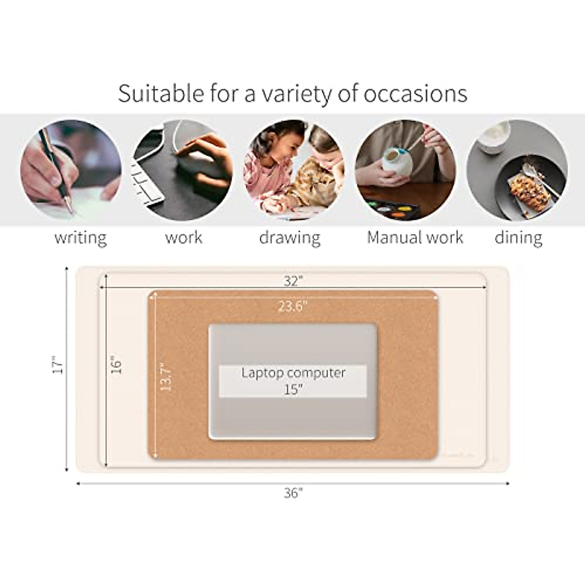 RENMTURE Dual-Sided Desk Pad,Natural Cork & PU Leather Large Mouse mats for Office and Home Work,Desk Protector Non-Slip (36"x17",Apricot+Cork)