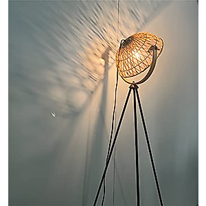 Osasy Rattan Bamboo Floor Lamp for Living Room,Bedroom,Farmhouse,Boho Standing Lamp,Wicker Hand-Worked Bamboo Lamp Shade,Black Industrial Modern Floor Light Adjustable Rustic Tall Lamp