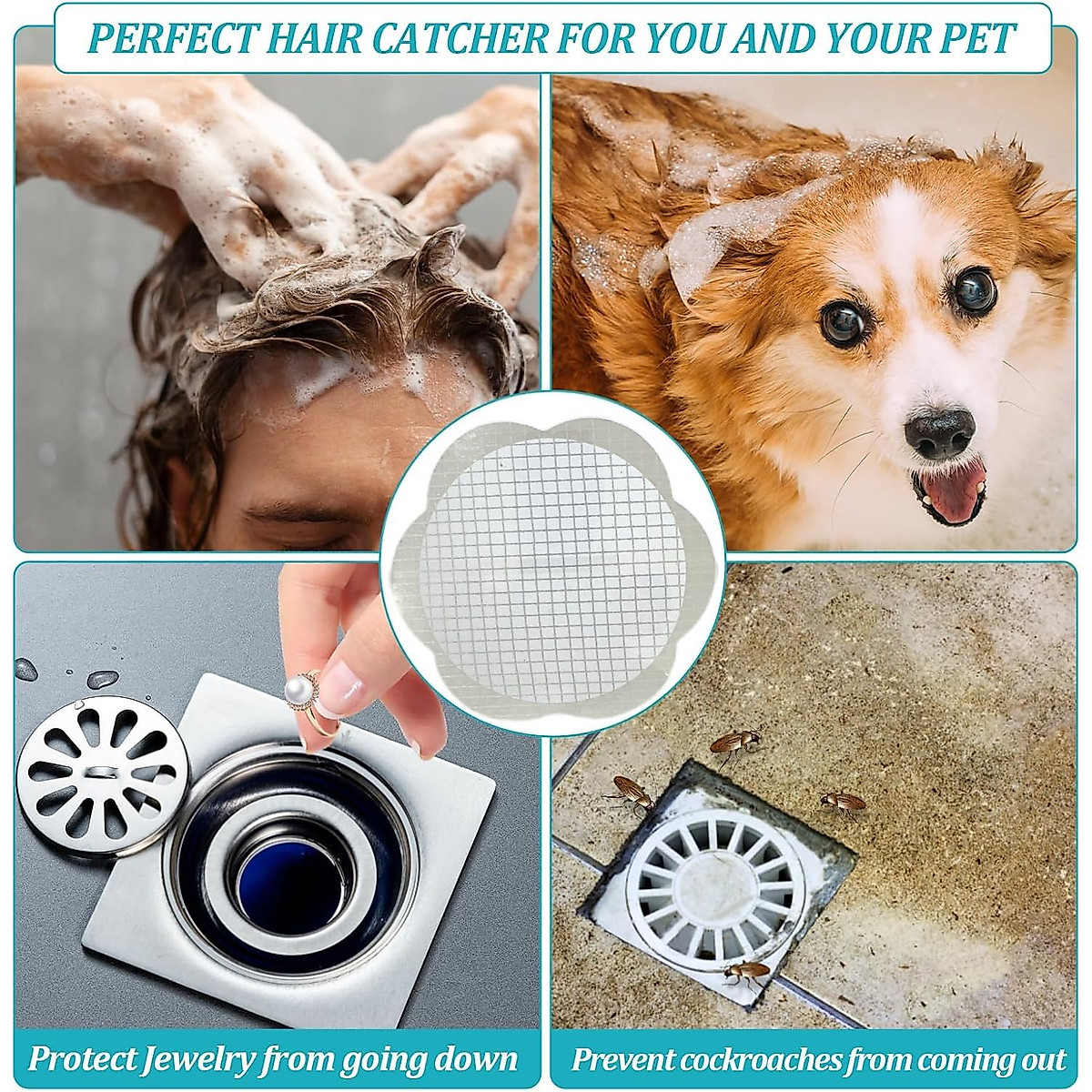 4" X 4" Flower Shape Disposable Hair Drain Stickers, Shower Drain Cover Hair Catcher Mesh Stickers, Floor Drain Filter Stickers Hair Catcher, Hair Drain Sticker for Bathroom, Laundry, Bathtub 10Pcs