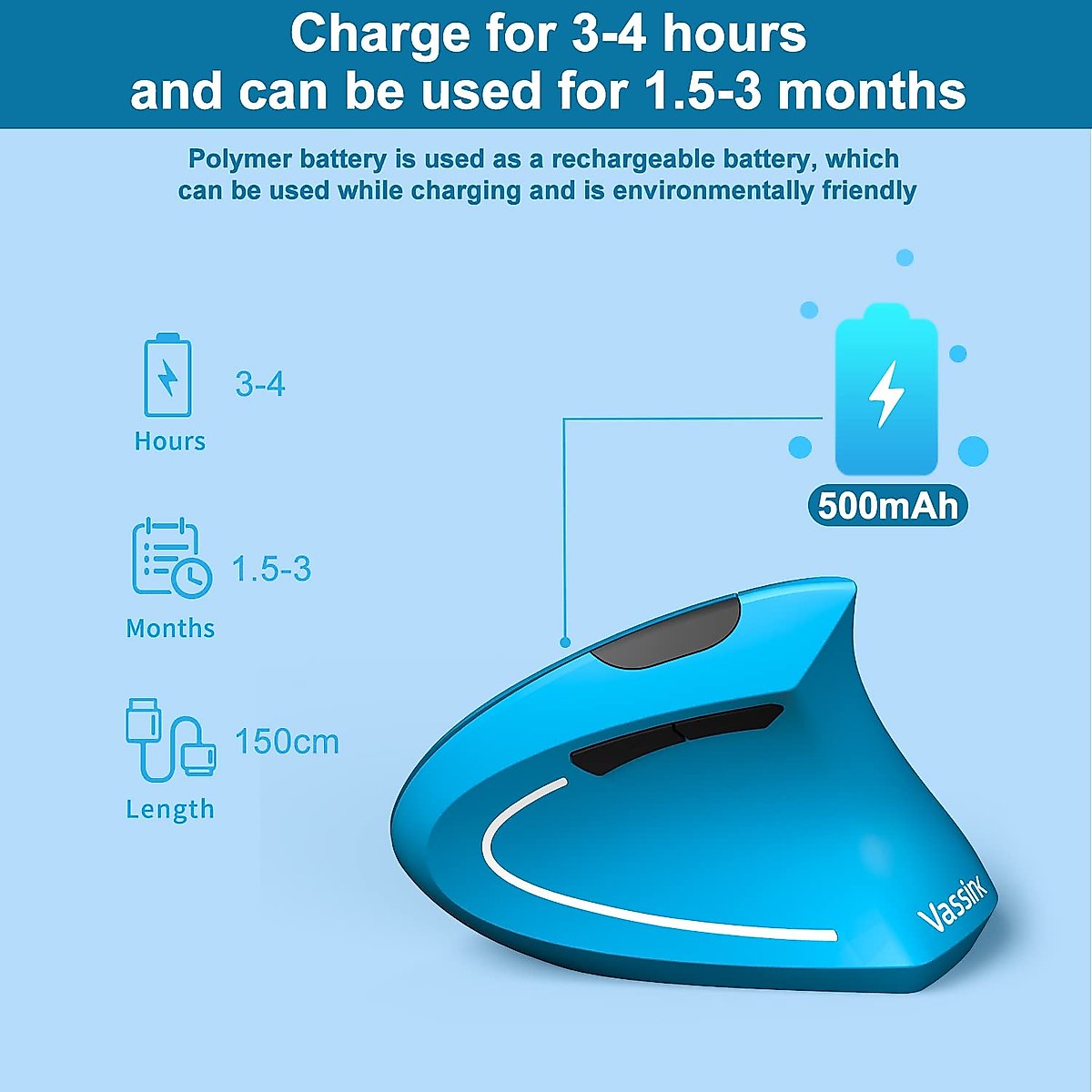 Vassink Ergonomic Mouse, Rechargeable Wireless Mouse, 2.4GHz Rechargeable Vertical Optical Mouse with USB Receiver, 6 Buttons for Laptop, PC, Computer (Blue)