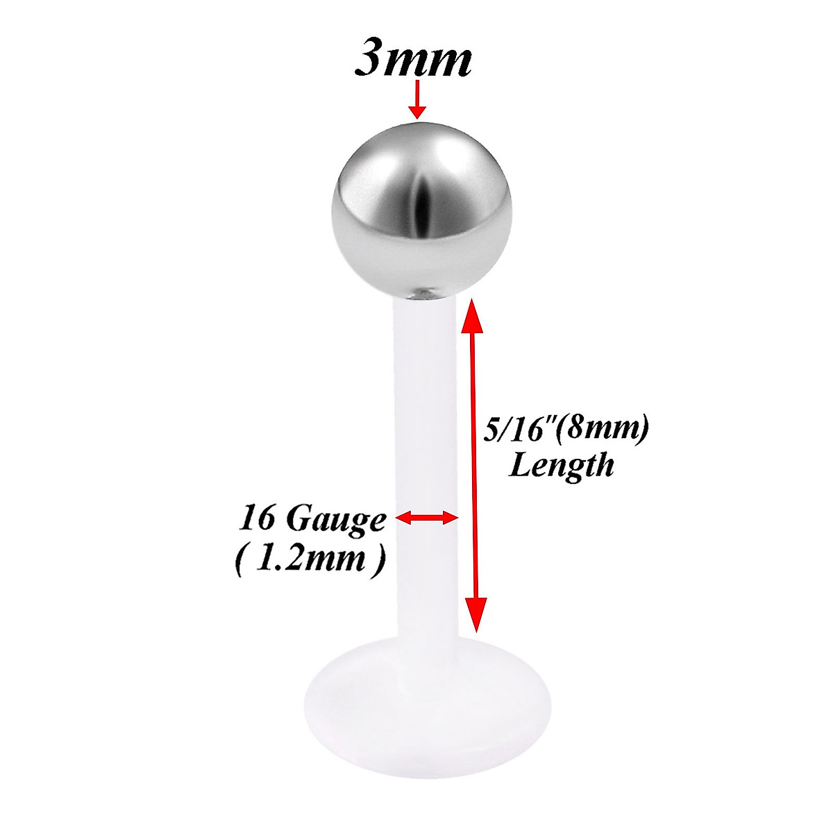 bodyjewellery 3pcs 16g Labret Studs Lip Ring Snakebite Monroe Bioflex Flexible Cartilage Conch Forward Helix Tragus Steel Ball Pick Size (3 Pcs(8mm))