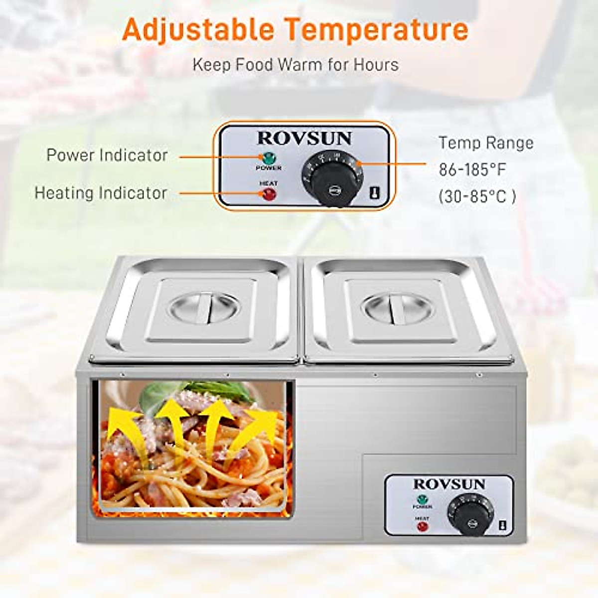 ROVSUN 21QT Electric Commercial Food Warmer, 2-Pan Steam Table 10.6 QT/Pan Stainless Steel Bain Marie Buffet Countertop with Temperature Control & Lid for Parties, Catering, Restaurants 110V