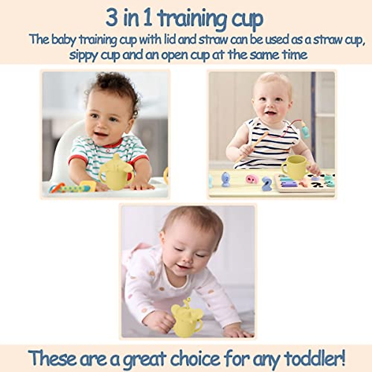 Silicone Sippy Cup for Toddler, Transition Straw Cups for baby 6 months+, 3 in 1 Elephant Training Sippy Cups for Babies with Cleaning Brush, Two Handles, Microwave Safe and Dishwasher, BPA Free, 7oz