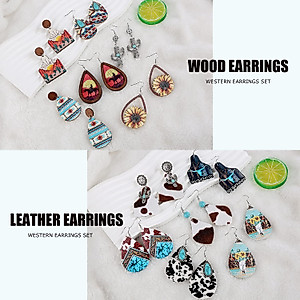 12 Pairs Western Earrings Set for Women Boho Cowgirl Vintage Turquoise Print Leather Wood Teardrop Dangle Bohemian Cowboy Earring Jewelry