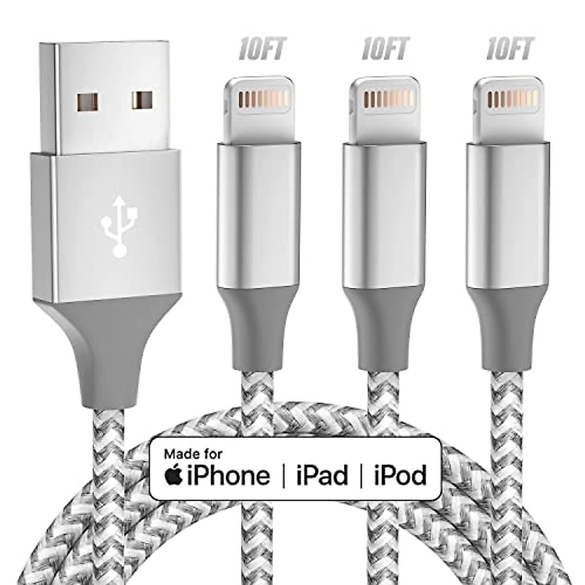 iPhone Charger [Apple MFi Certified] 3pack 10FT Long Lightning Cable Fast Charging High Speed Data Sync USB Cable Compatible iPhone 13/12/11 Pro Max/XS MAX/XR/XS/X/8/7/Plus/6S (Grey White)