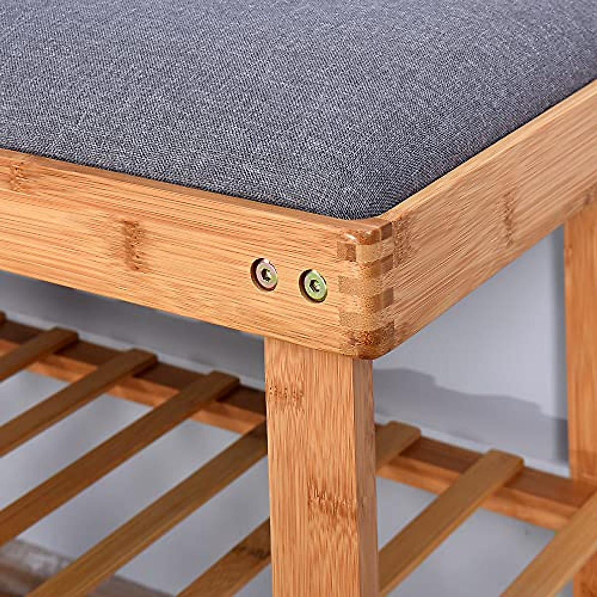 Knocbel 23.6in Bamboo Entryway Cushioned Shoe Bench with Slatted Shelves, 3-Tier Portable Shoes Storage Rack Organizer (Natural)