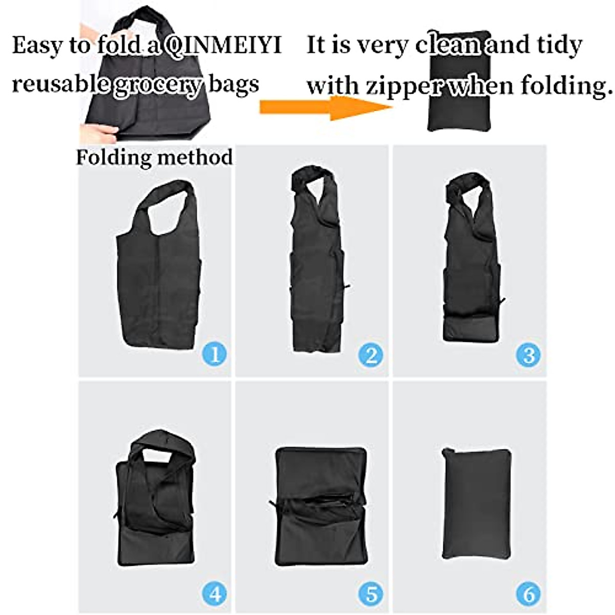 QINMEIYI Reusable Shopping Bags 5 Pack Foldable Reusable Grocery Bags 50LBS Weight Capacity Heavy Duty Shopping Tote Bags Machine Washable Polyester Lightweight Bags Ripstop Reusable bags Black