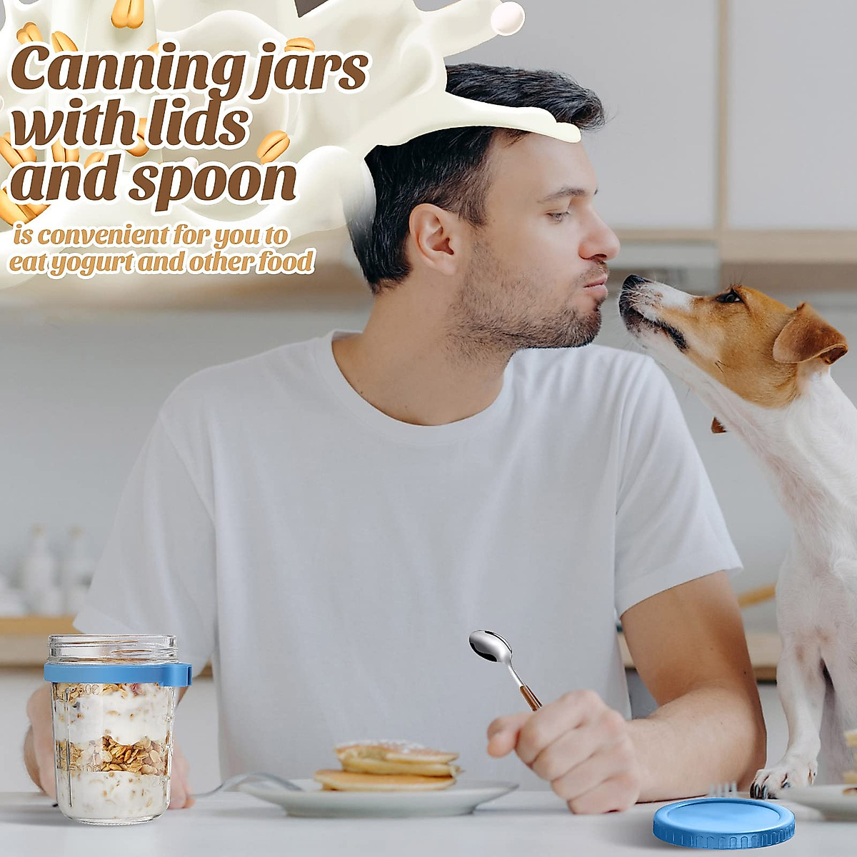 Irenare 10 Pack 10 oz Overnight Oats Containers with Lids and Spoons, Glass Airtight Oatmeal Overnight Oat Jars with Measurement Marks Airtight Jars for Milk Cereal Fruit (Blue)