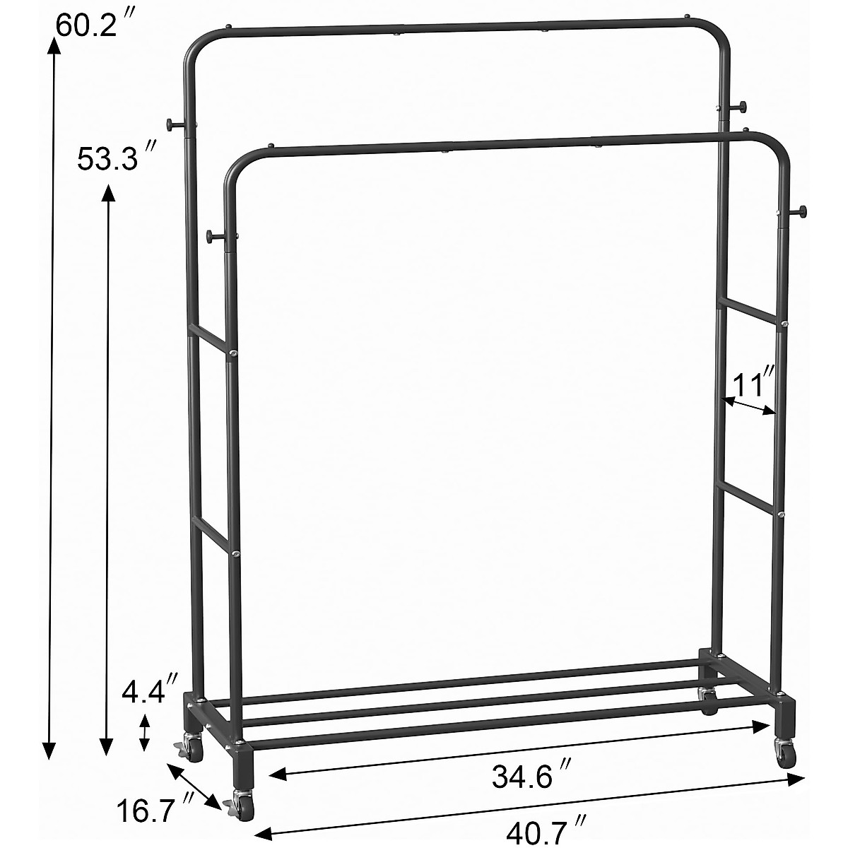 Sooyee Double Rod Clothing Rack with Wheels,3 Tier Garment Racks for Hanging Clothes,Portable Clothes Rack with 4 Hooks for Bedroom,Laundry Room,Black