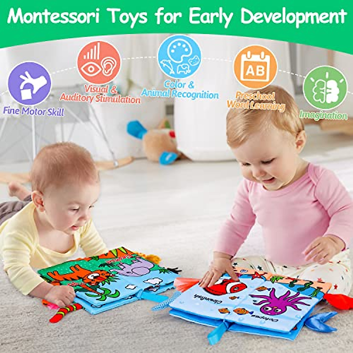2 PCS Soft Cloth Baby Books 0-6 Months High Contrast Sensory Baby Toys 6 to 12 Months Crinkle Touch Feel Teething Carseat 9 18 Month Travel Essentials Tummy Time Infant 0-3 Months Newborn Shower Gift