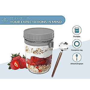 North Ranch Kitchen 16 oz overnight oats containers with lids - Jars with spoons and lids - made of premium borosilicate glass - 2x oatmeal jars with spoons & spoon holder