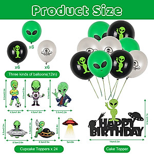 Whaline 53Pcs Alien Birthday Party Decorations Set Alien Balloons Assorted Alien Cupcake Toppers Alien Birthday Banner Outer Space Saucer Balloons UFO Hanging Swirls for Alien Birthday Party Decor