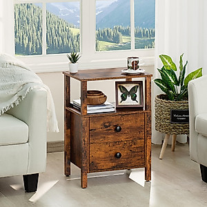 Lerliuo Night Stand Set of 2, Small Nightstand with 2 Wood Drawers and Storage Shelf, Rustic Bedside Table with Wooden Frame, Brown Couch Bed Side Tables for Small Spaces, Nightstands for Bedroom