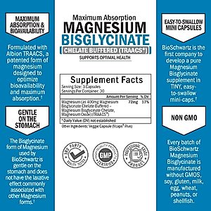 Magnesium Bisglycinate 100% Chelate No-Laxative Effect - Maximum Absorption & Bioavailability, Fully Reacted & Buffered - Healthy Energy Muscle Bone & Joint Support - Non-GMO Project Verified - 90 ct