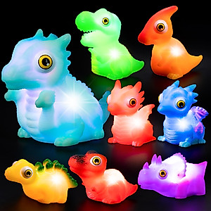 JOYIN 8Pcs Light Up Dinosaur Toys, Baby Bath Toy, Toddler Flashing Colourful LED Bathtub Toy, Bathtime Floating Soft Rubber Toy for Infant Boy Girl Birthday Gift Swimming Pool Party Favors Age 1 2 3