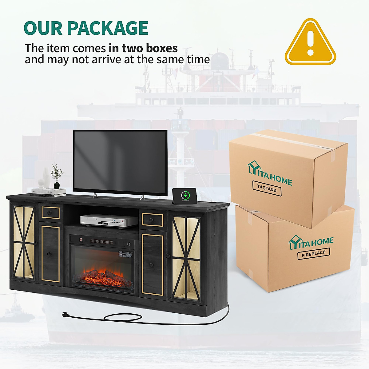 YITAHOME 70 Inch Entertainment Center with Electric Fireplace for TVs up to 80", LED Lights Fireplace TV Stand with Storage for Living Room, Farmhouse TV Stands with Storage Drawers (Dark Grey)