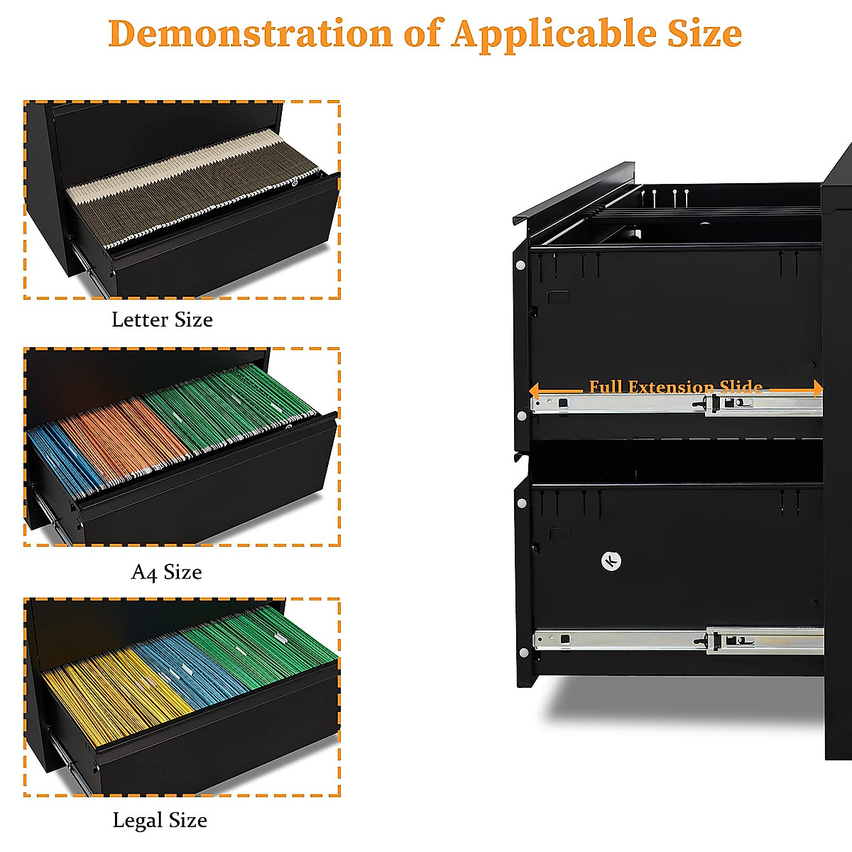 Bonnlo 35.5" Wide 2 Drawer File Cabinet with Lock, Black File Cabinets for Home Office, Metal Lateral File Cabinet & Printer Stand with Minimalist Design for Letter/Legal Size File Folders with Tabs
