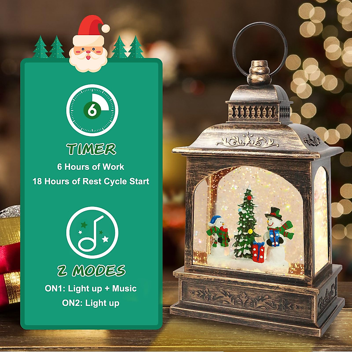 Christmas Snowman Snow Globe, Snowman Musical Lantern with 6 Hour Timer USB Lined/Battery Operated Retro Style Holiday Glitter Globe for Xmas Indoor Decoration and Santa Gifts