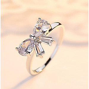 HUKQBUNX 925 Sterling Silver Bow with Diamond Zircon Ring Ring Wedding Engagement Birthday Party Ring Size 6-9 (Size 6)