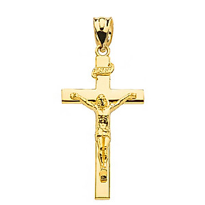 Solid 14k Yellow Gold Cross INRI Crucifix Charm Pendant (1.60")