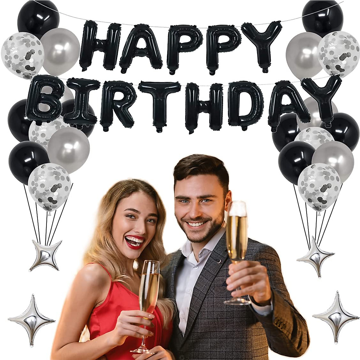 NANINUNENO 22nd Black Silver Birthday Party Decorations for Men Women, Happy 22 Birthday Party Supplies with Black Happy Birthday Banner,22 Number Balloons, Silver Foil Stars, Happy Birthday Balloons