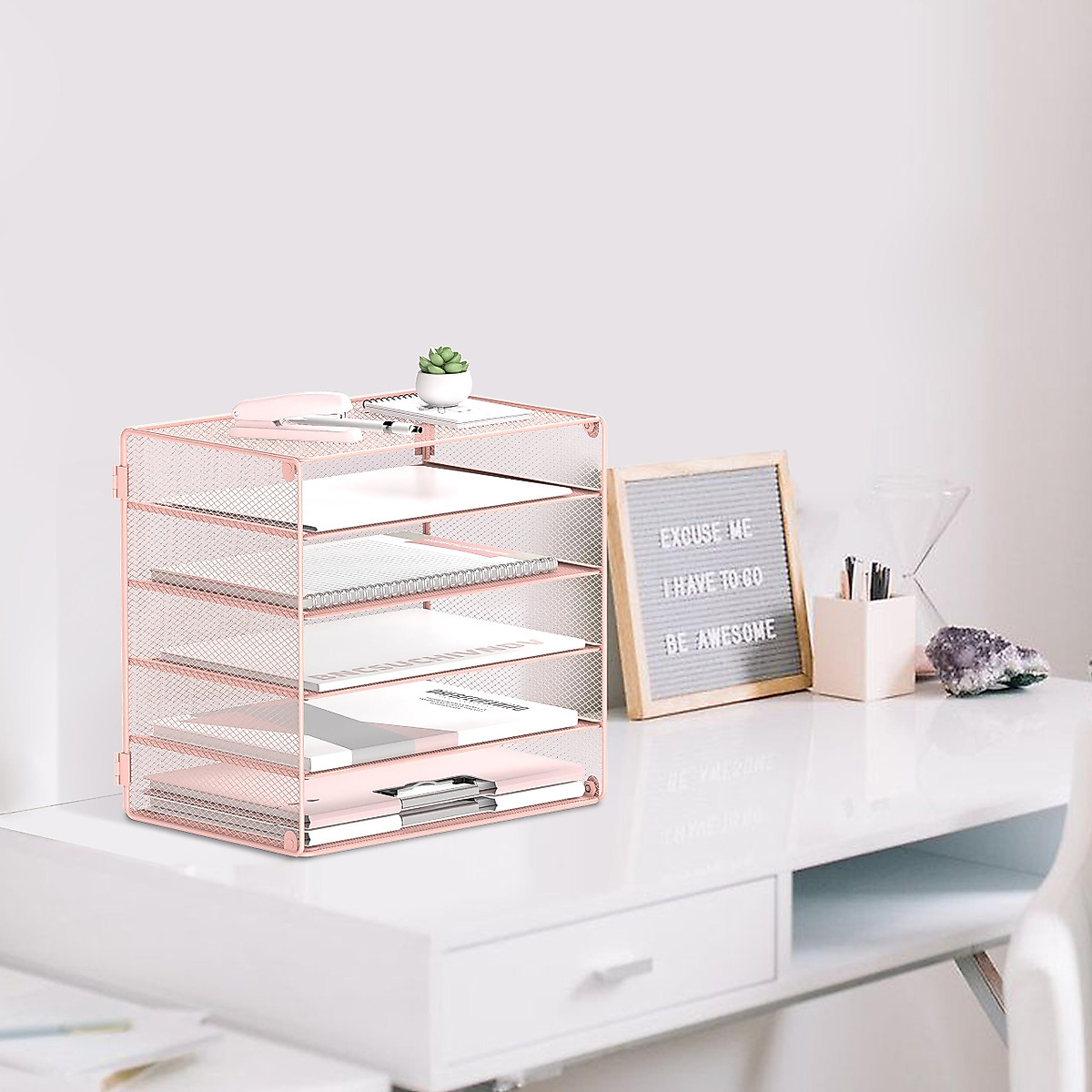 DALTACK Paper Organizer for Desk, 5-Tier Desk Organizer Tray, Paper Organizer Storage, Paper Tray Organizer for Home Office School, Pink