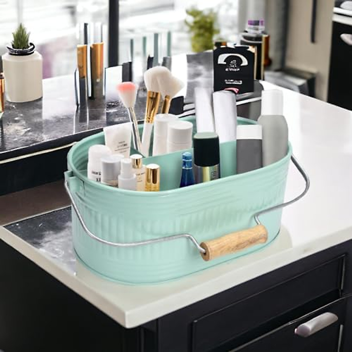 Alpha Living Home Farmhouse Utensil Caddy Carry-All Serveware-Galvanized Metal Organizer for Kitchen Counter-Comfort Wooden Handle In/Outdoor Storage For Flatware,Condiments,Party Cutlery,Arts-TEAL