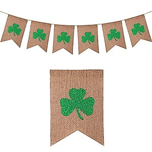 SAVITA St Patrick's Day Banner, Burlap Garland Banner Flag Green Shamrock Pull Flags Irish Glitter Clover Bunting Outdoor Hanging Decor Party Supplies