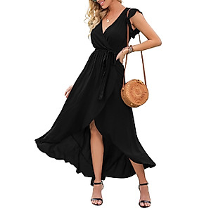 GRECERELLE Women's Summer Casual Cross V Neck Dress Bohemian Flowy Long Maxi Dress Black-Medium